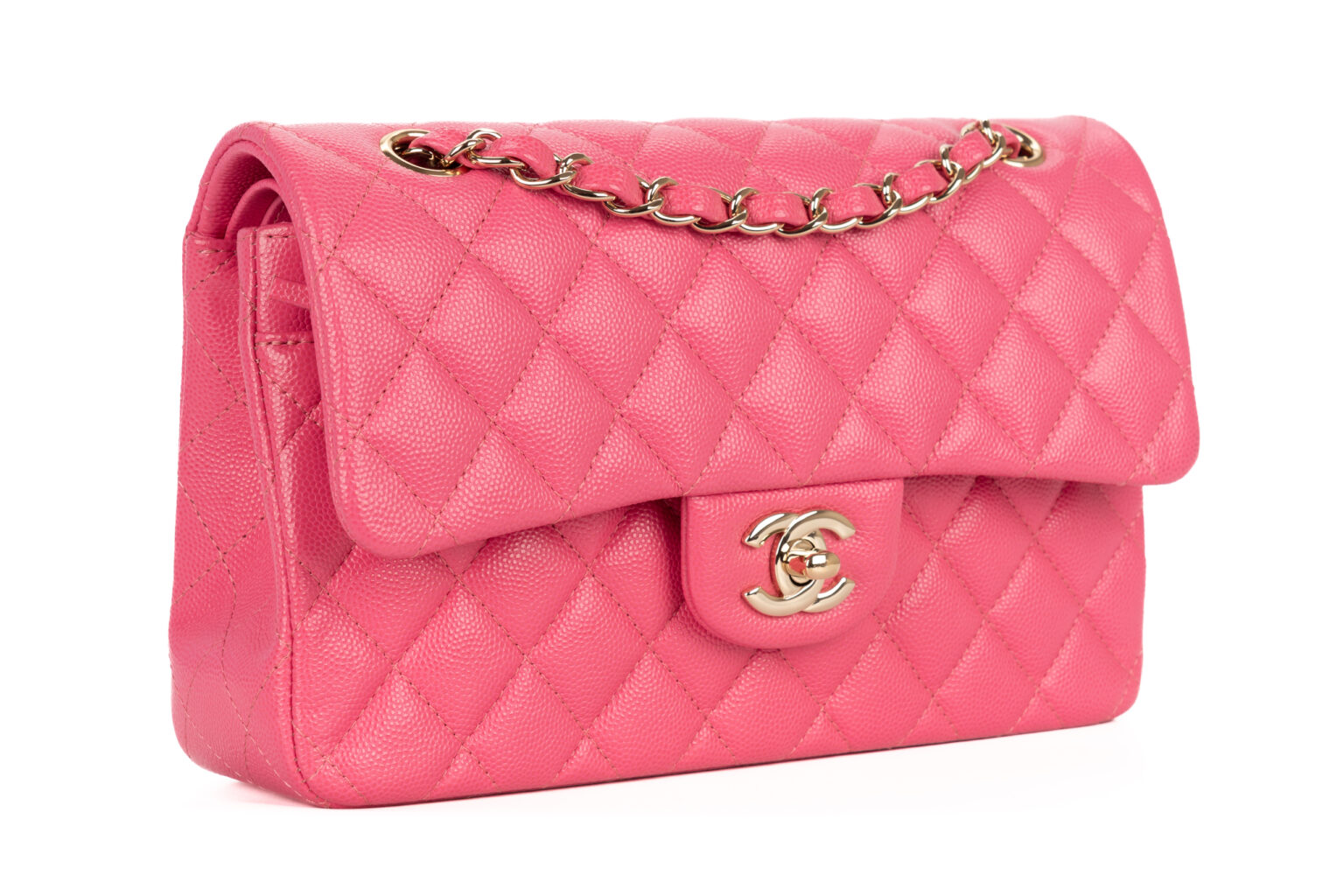 Chanel Small Double Classic Flap Pink Caviar Gold Hardware - Love Luxury UK